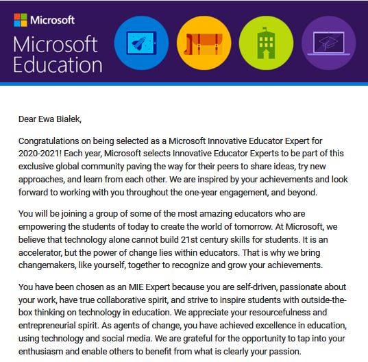 Microsoft Innovative Educator Expert 2020-2021 – Ewa Białek